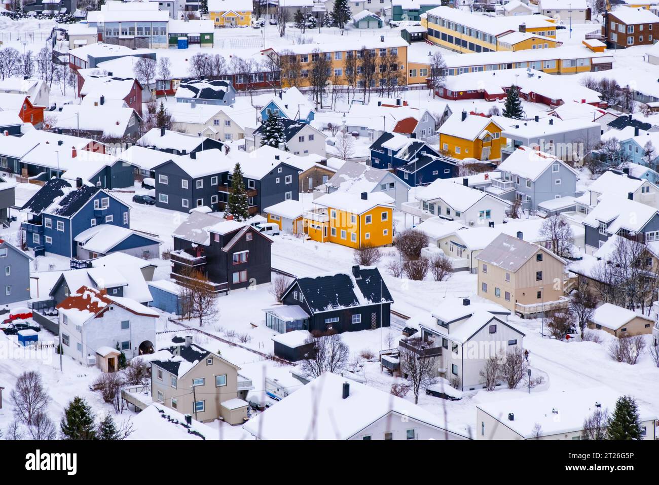 Norwegian town of Troms in the winter. Snowy arctic city with colorful ...