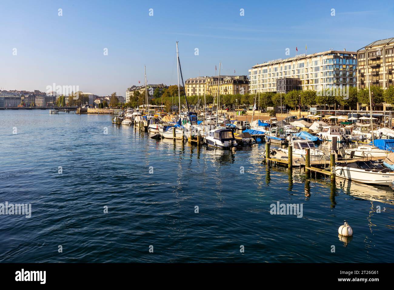 Panoramic view of the city of Geneva and Quai du Mont-Blanc from lake Geneva, Canton of Geneva ...