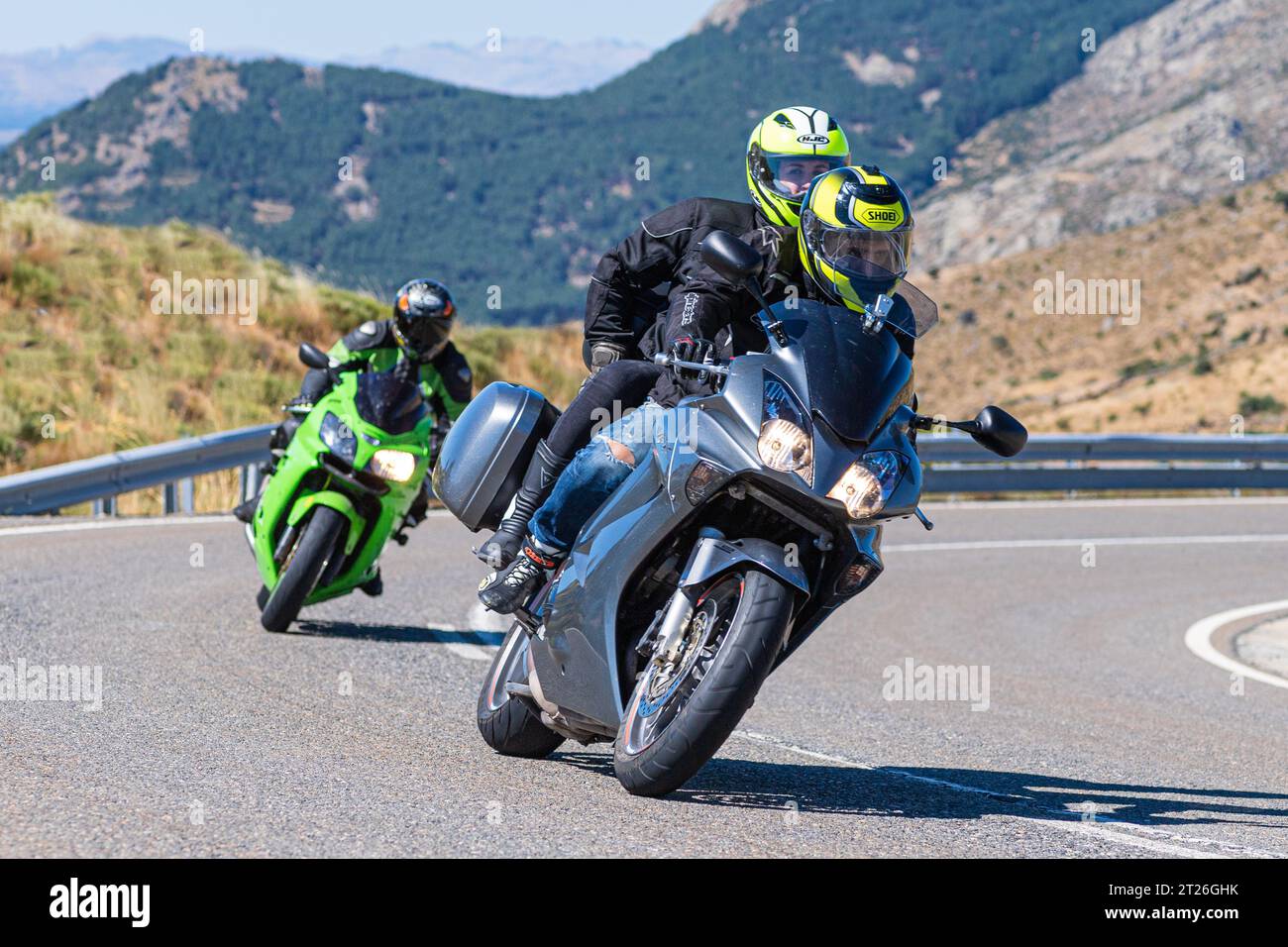 Motorcyclist taking a curve in the port of Navalmoral, province of ...