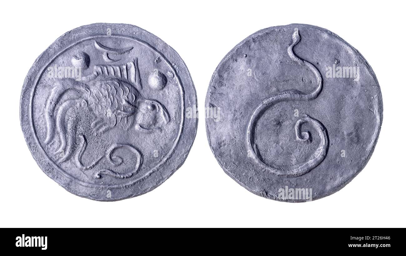 Ancient tin-zinc coin of Funan with a picture of a goldfish and a snake ...