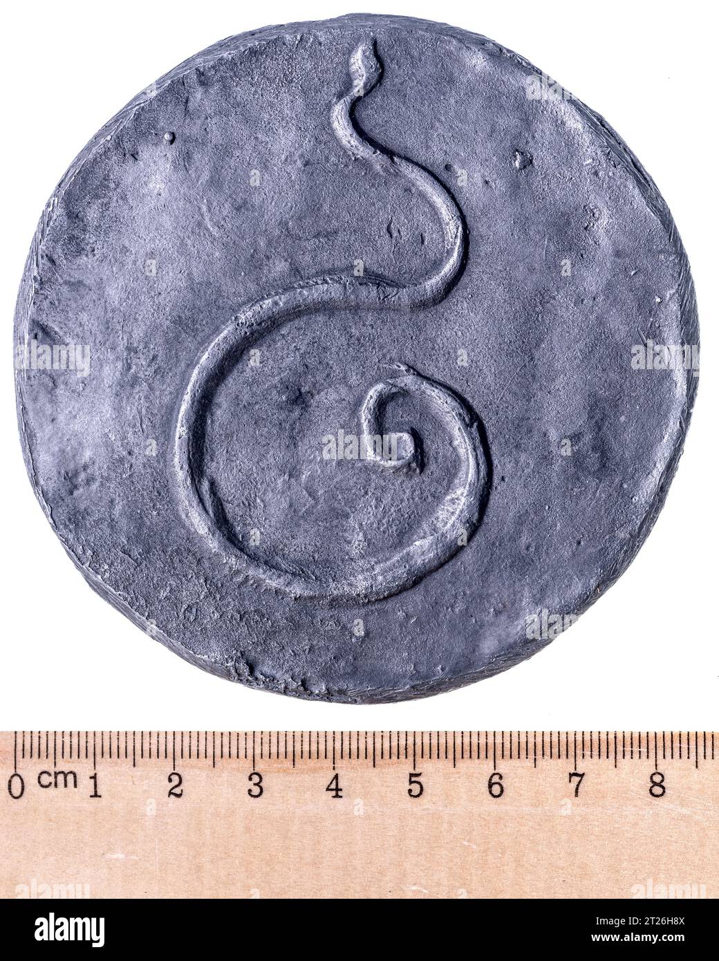 Ancient tin-zinc coin of Funan with a picture of a goldfish and a snake ...