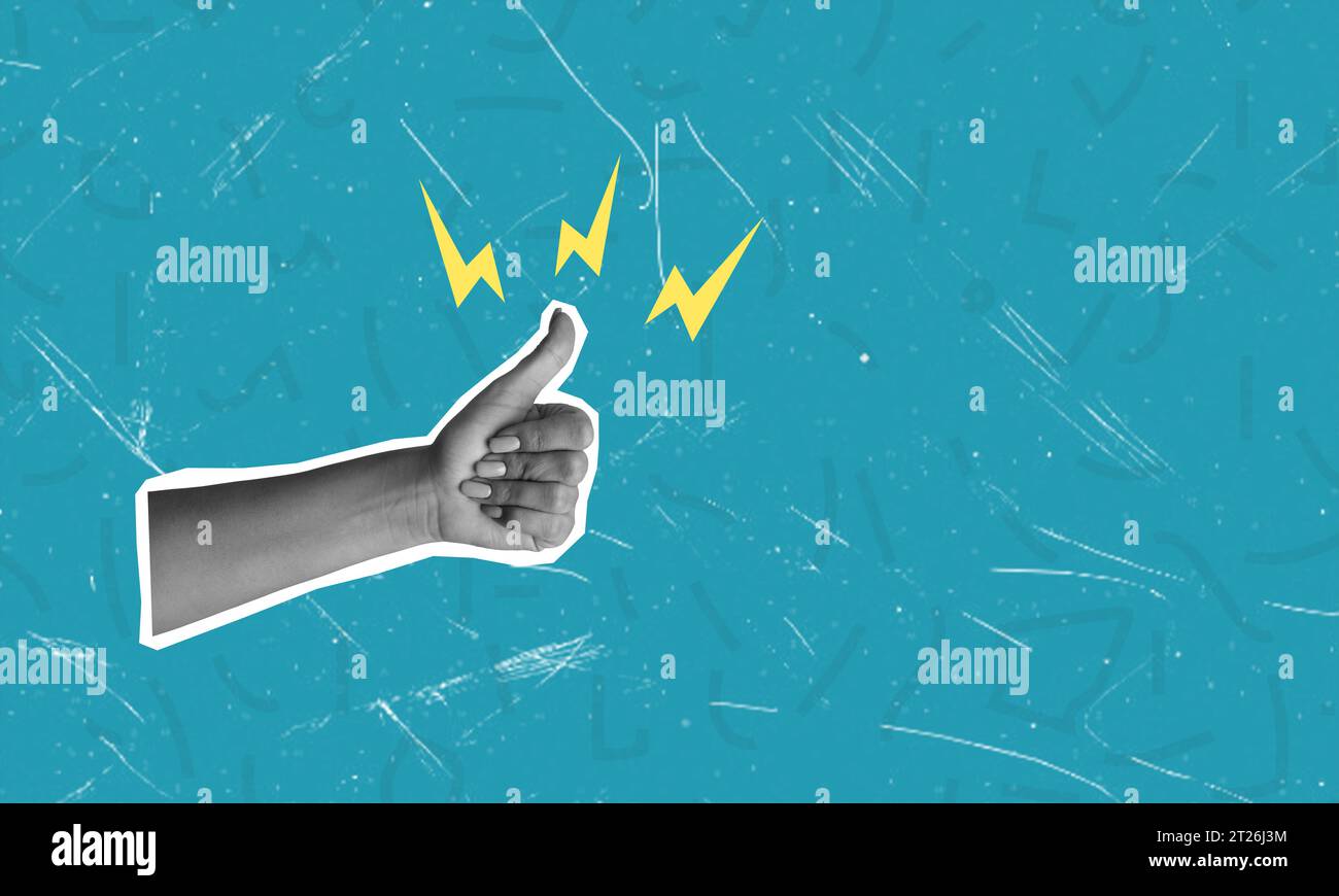 Digital collage of contemporary art. Hand showing thumbs up on blue ...