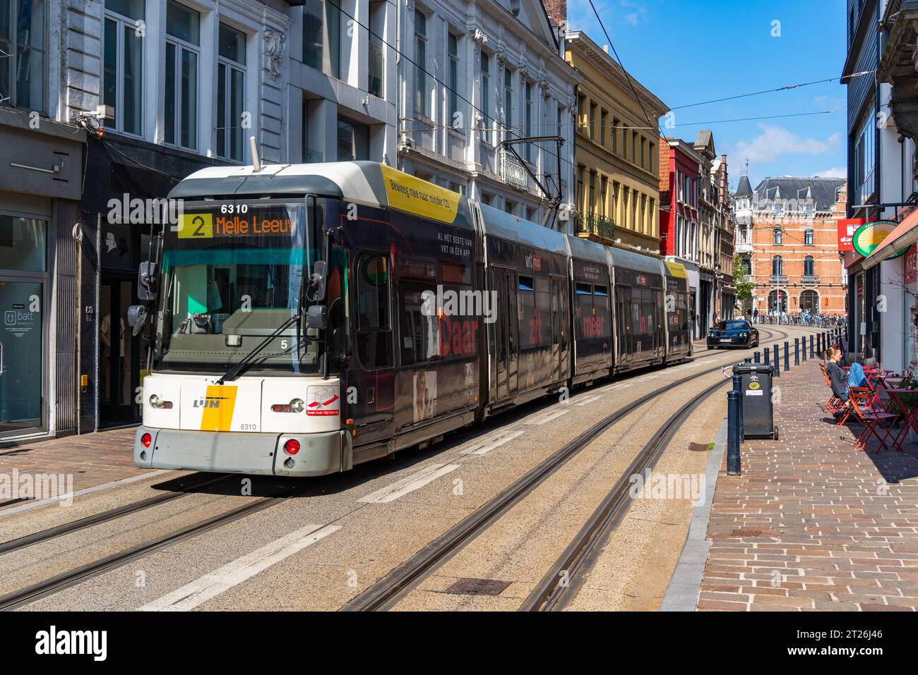 Tram on the street, the public transportation of Ghent, Belgium Stock ...