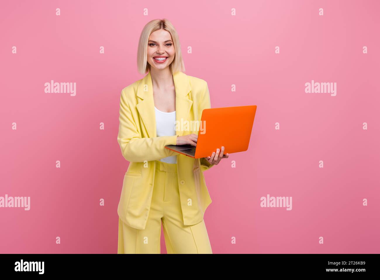 Photo of cheerful charming lady wear yellow jacket suit chatting apple ...