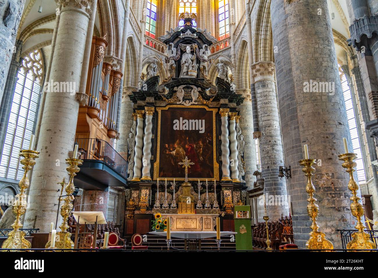 The altar of Saint Nicholas Church, a Gothic style church in Ghent ...