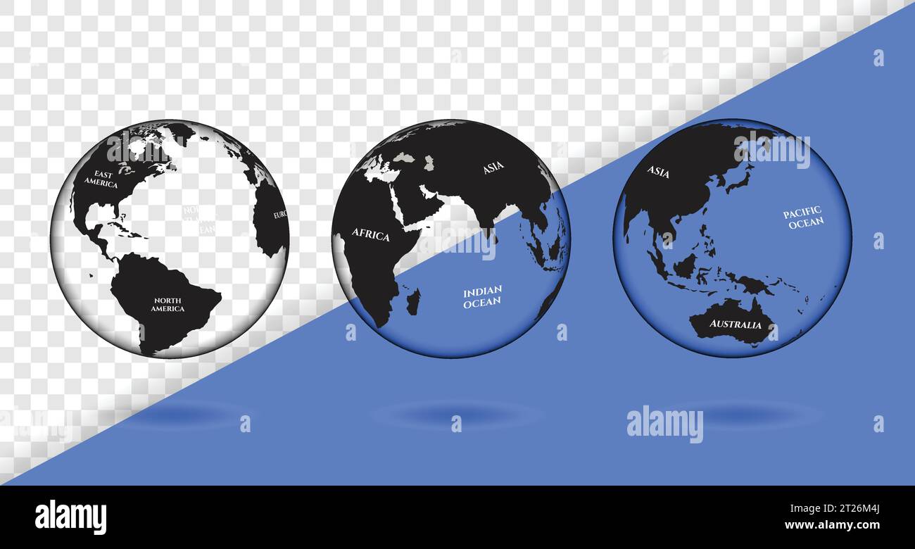 Earth map set of transparent globe, realistic texture and shadow vector ...