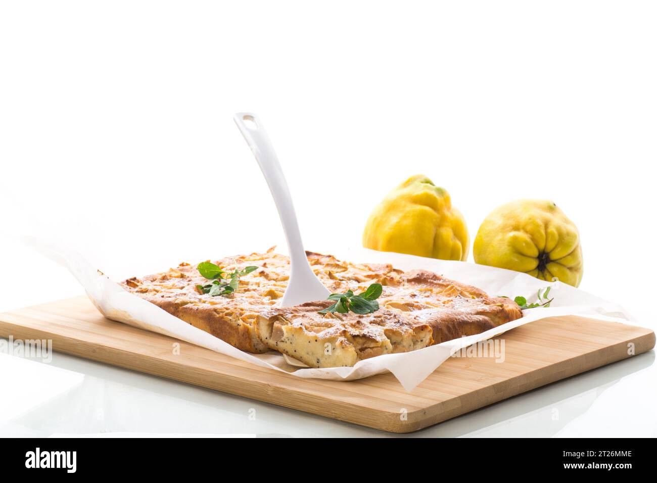 prepared curd semolina pie with quince inside and covered with powdered ...