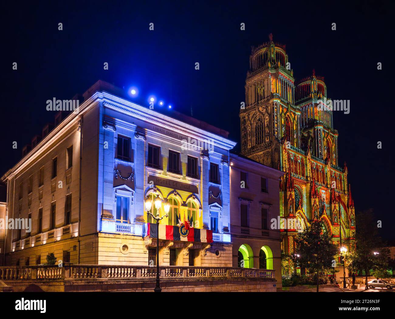 Orleans, France - August 10, 2023: Illuminated city hall and a great ...