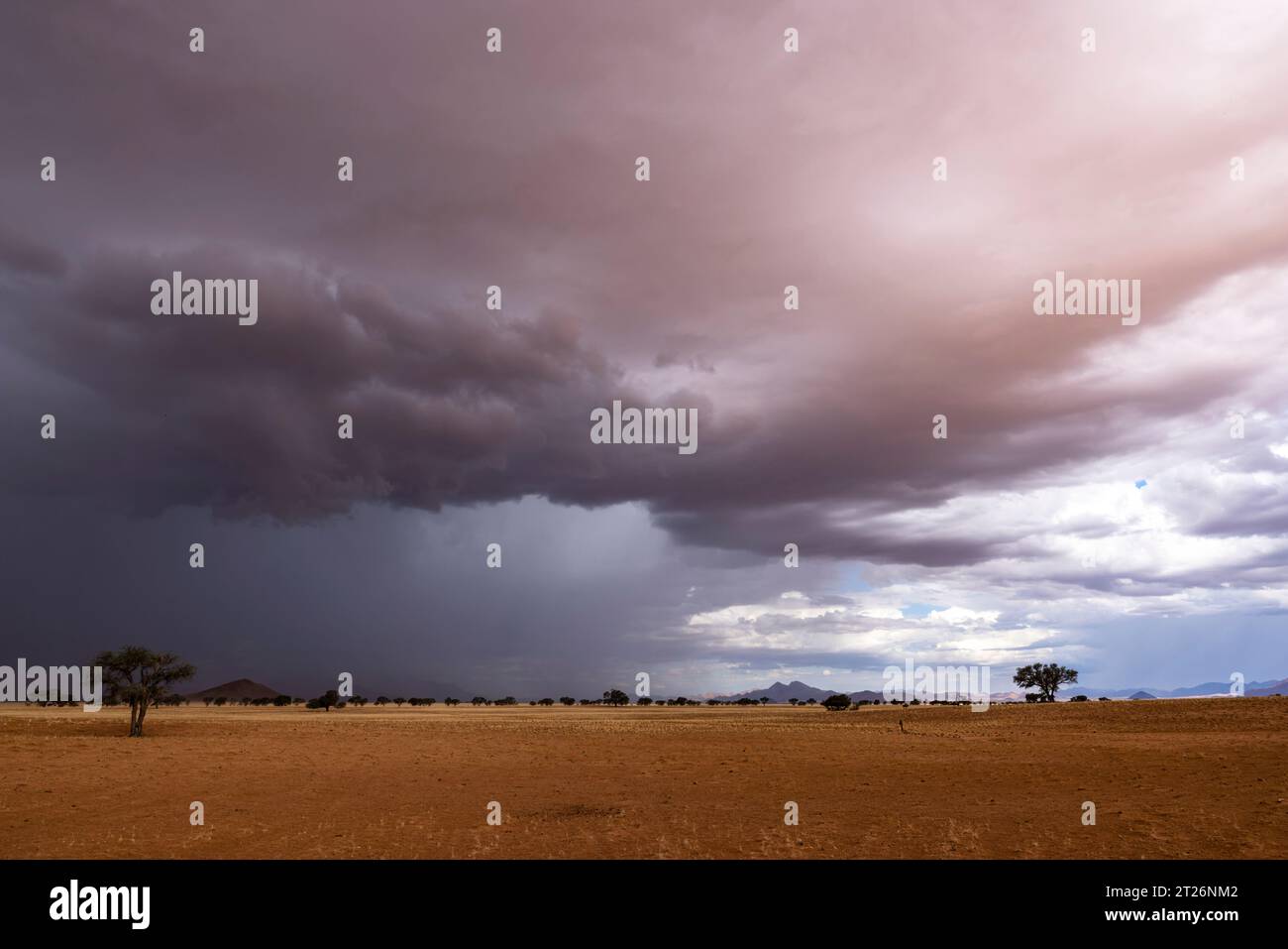Dark blue clouds pour out rain on the dry desert Namibrand Namibia ...