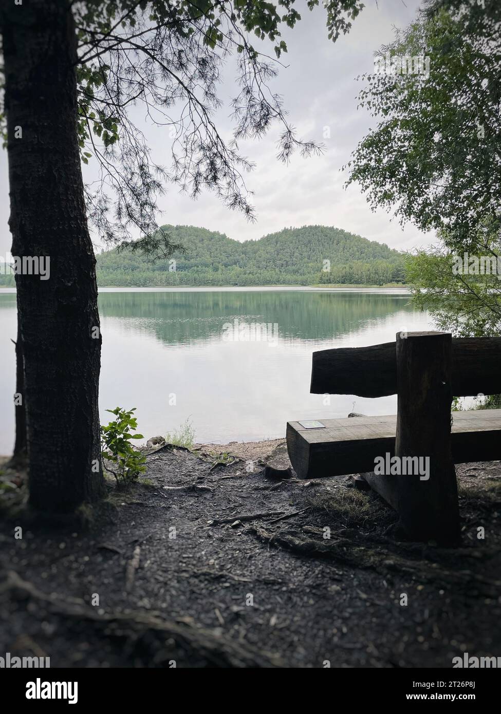 wooden bench overlooking a lake Stock Photo - Alamy