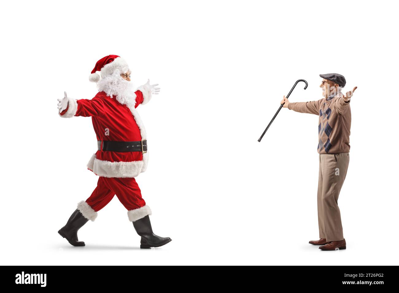 Full length profile shot of excited santa claus meeting a friend ...