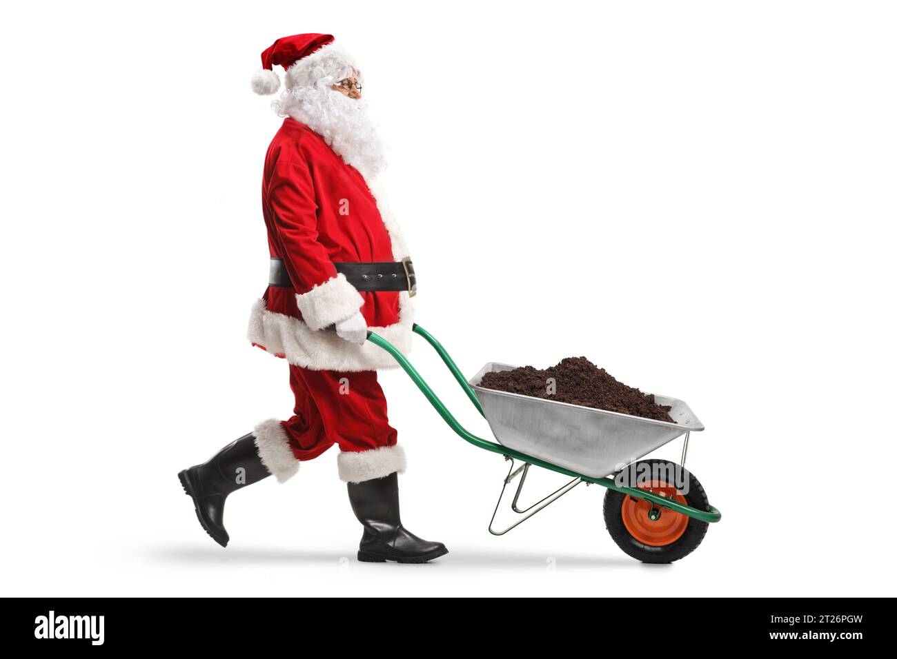 Santa claus walking and pushing soil in a wheelbarrow isolated on white ...
