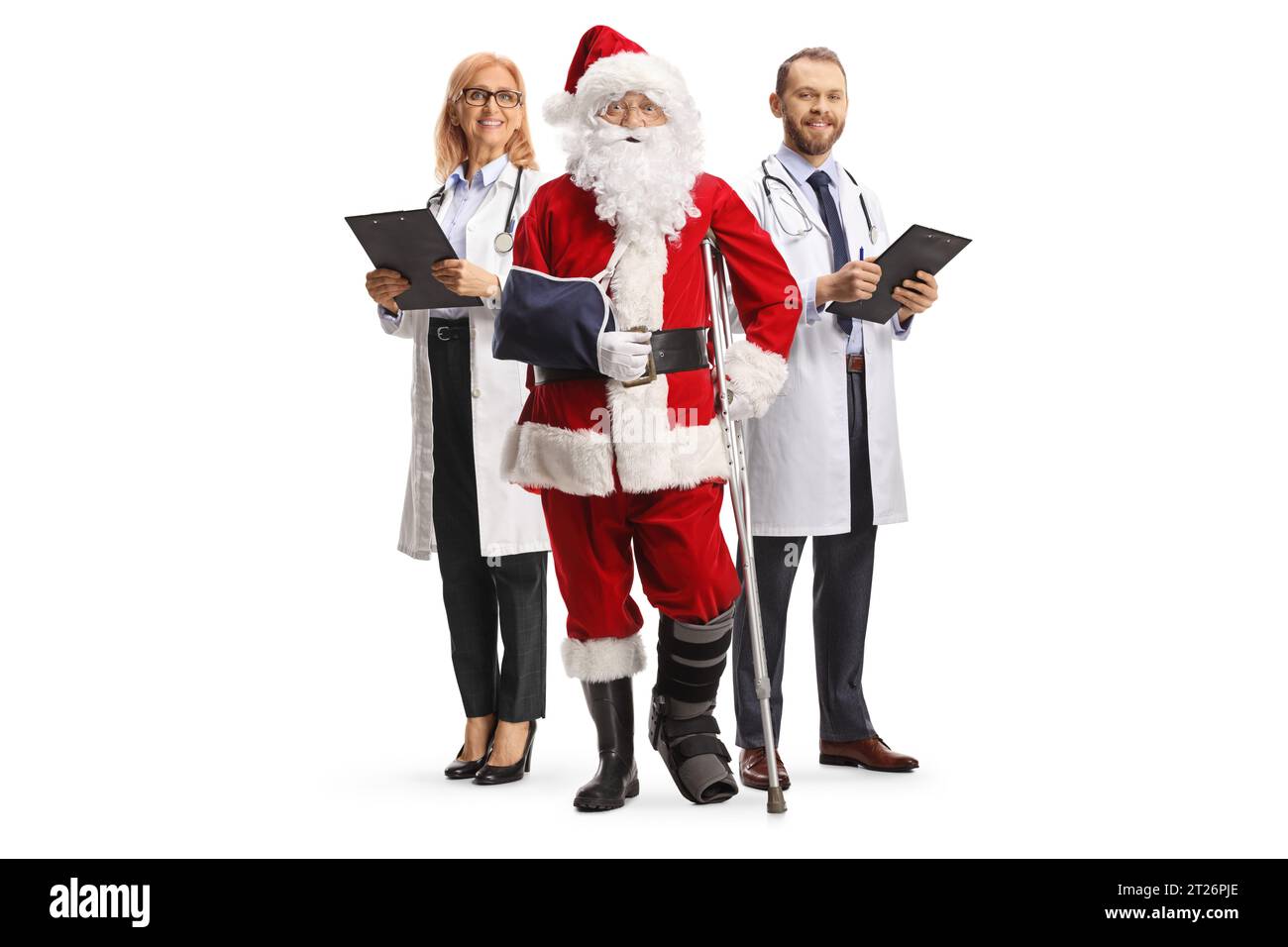 Injured santa claus with a foot brace and arm sling standing with a ...