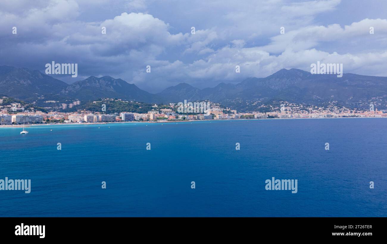 Aerial view of The French Riviera at Menton, France. Photography was ...