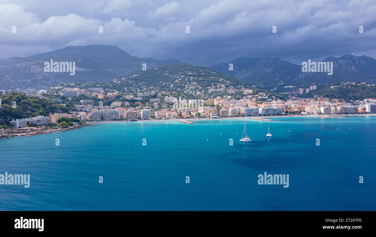 Aerial view of The French Riviera at Menton, France. Photography was ...