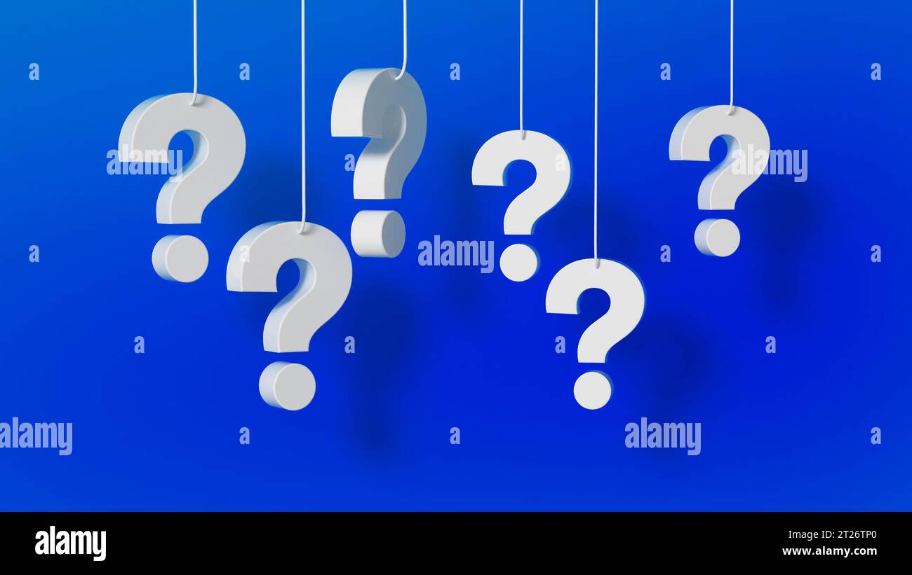 Many question mark hanging on blue background. 3D rendering Stock Photo ...