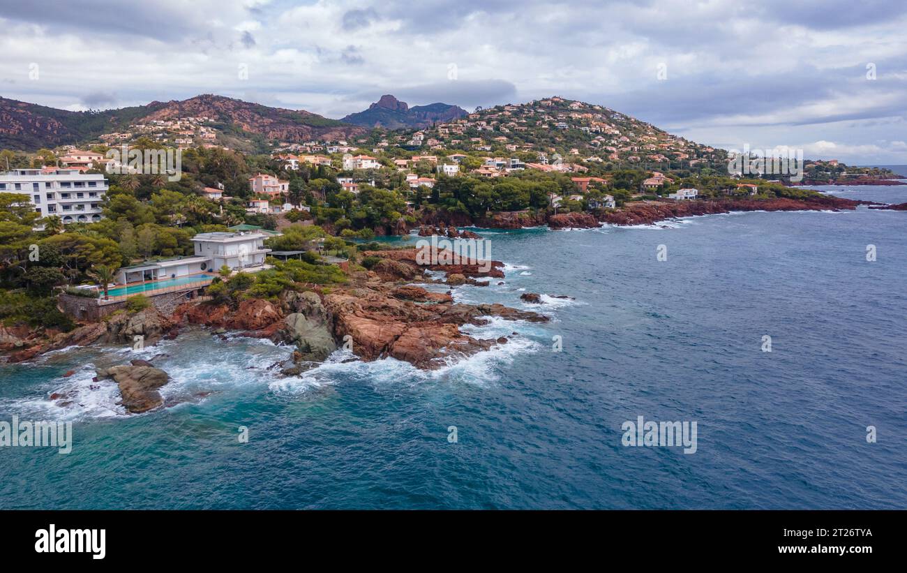 Aerial video of the Agay bay on the French Riviera. In the photography ...
