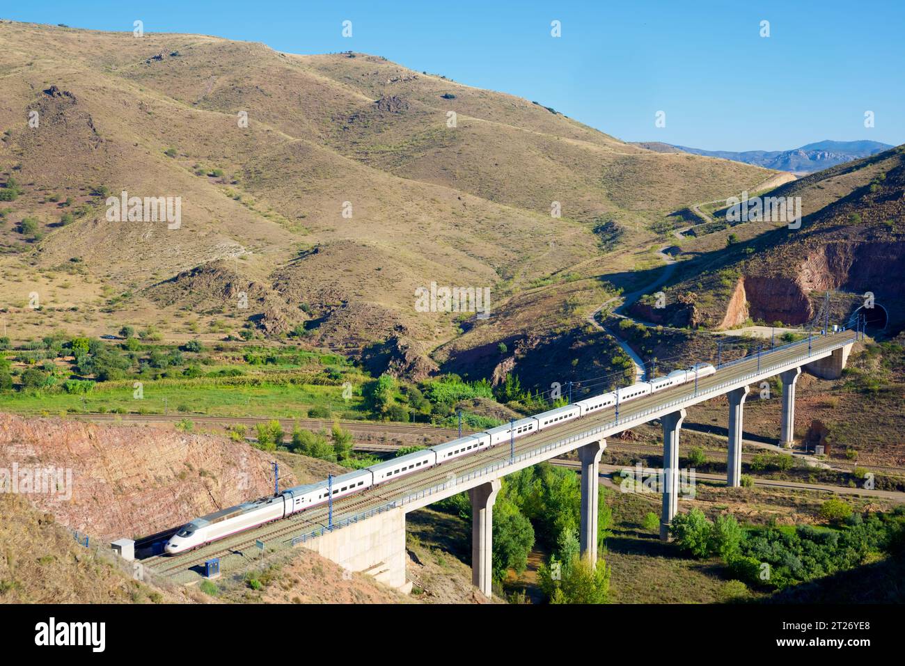 High-speed train crossing a viaduct in Purroy, Zaragoza Province, Aragon in Spain, AVE Madrid ...
