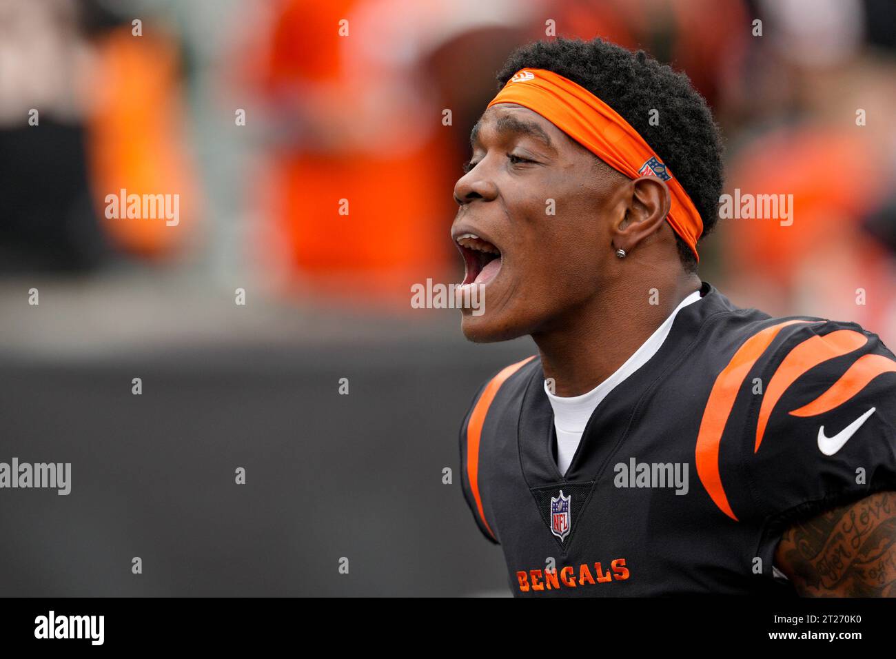 Cincinnati Bengals cornerback Cam Taylor-Britt reacts prior to an NFL ...