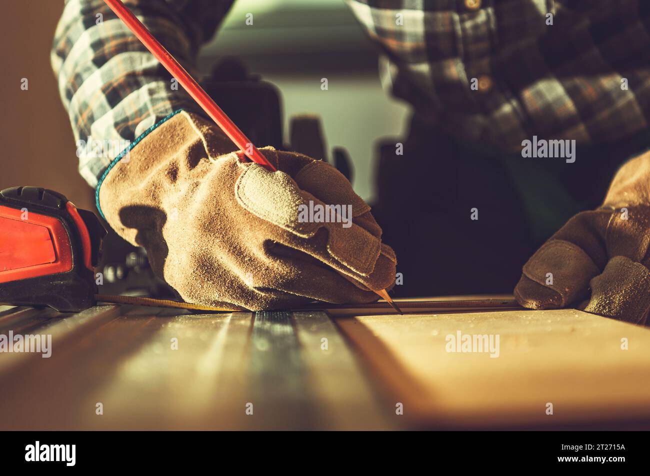 Small Man Cave Woodwork Project Theme. Man Marking Exact Size Using ...