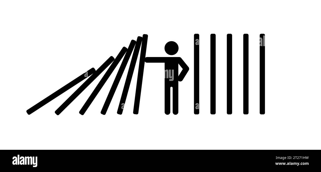 Cartoon stickman stop falling domino effect. Stack break crisis ...