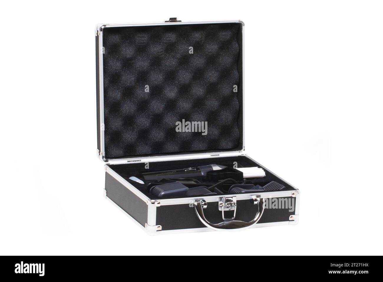 Closeup of a opened small black silver equipment case or suitcase with ...