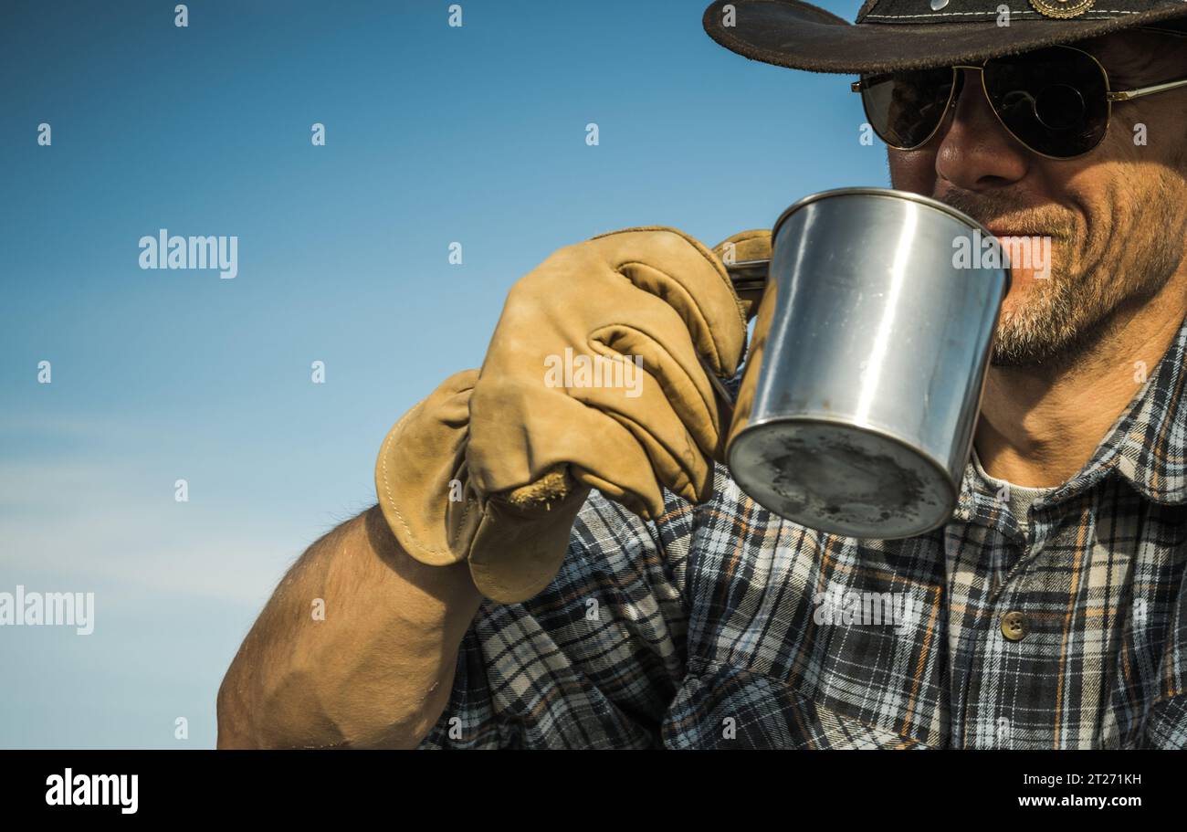 Happy Caucasian Cowboy in His 40s Drinking Hot Coffee From His Metal ...