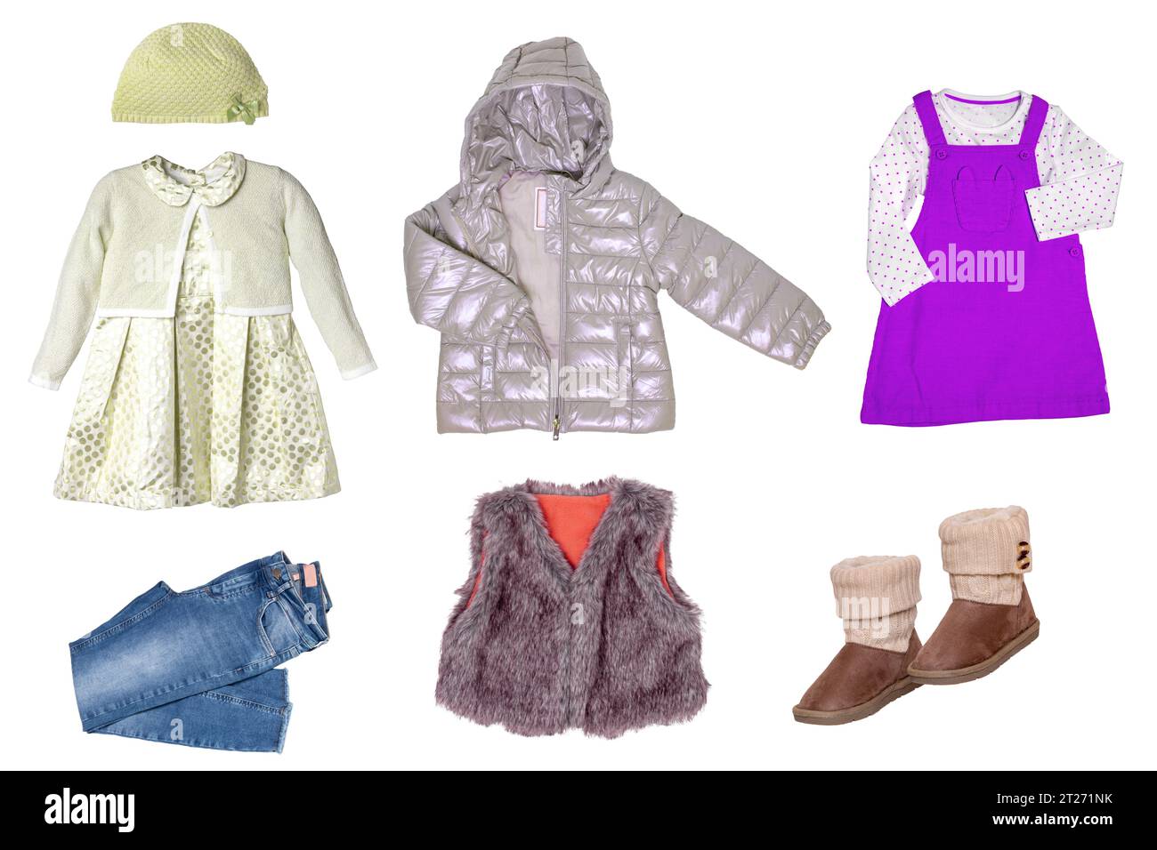 Collage set of little girl autumn or spring clothes isolated on white ...
