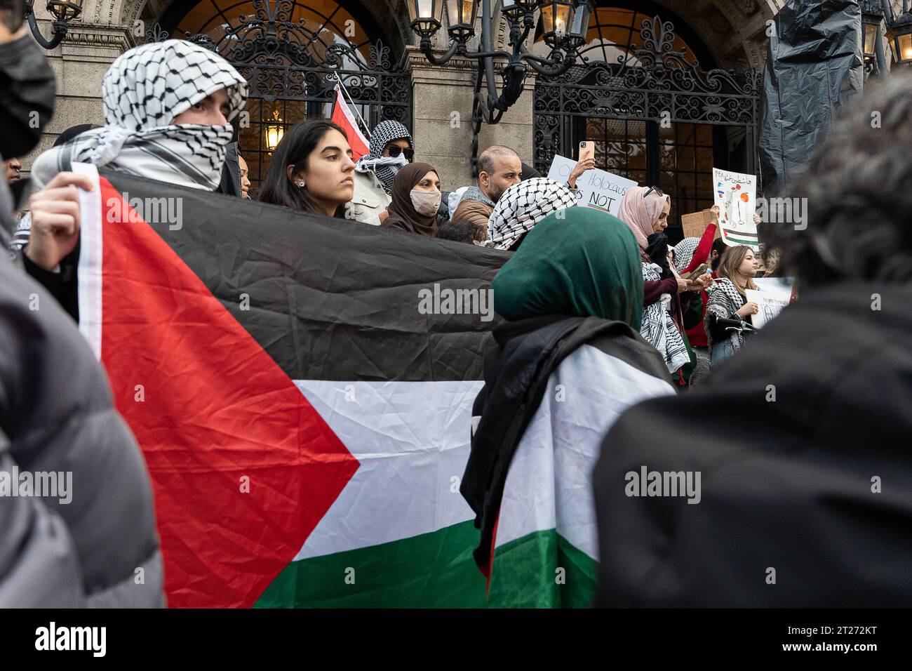 Pro-Palestine supporters hold a Palestinian flag during a rally in ...