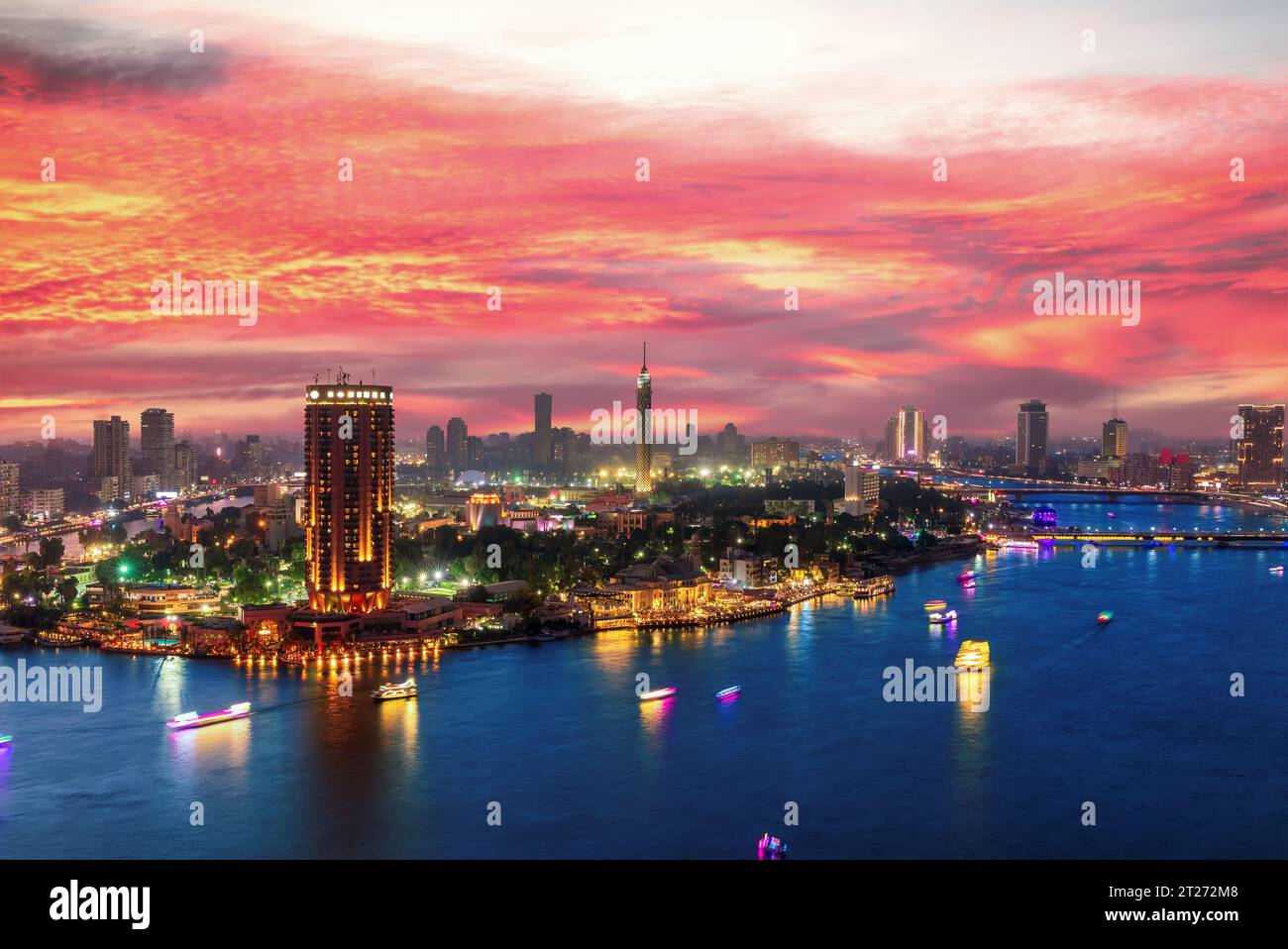 Incredible sunset over the Nile and night center of Cairo, Egypt Stock ...