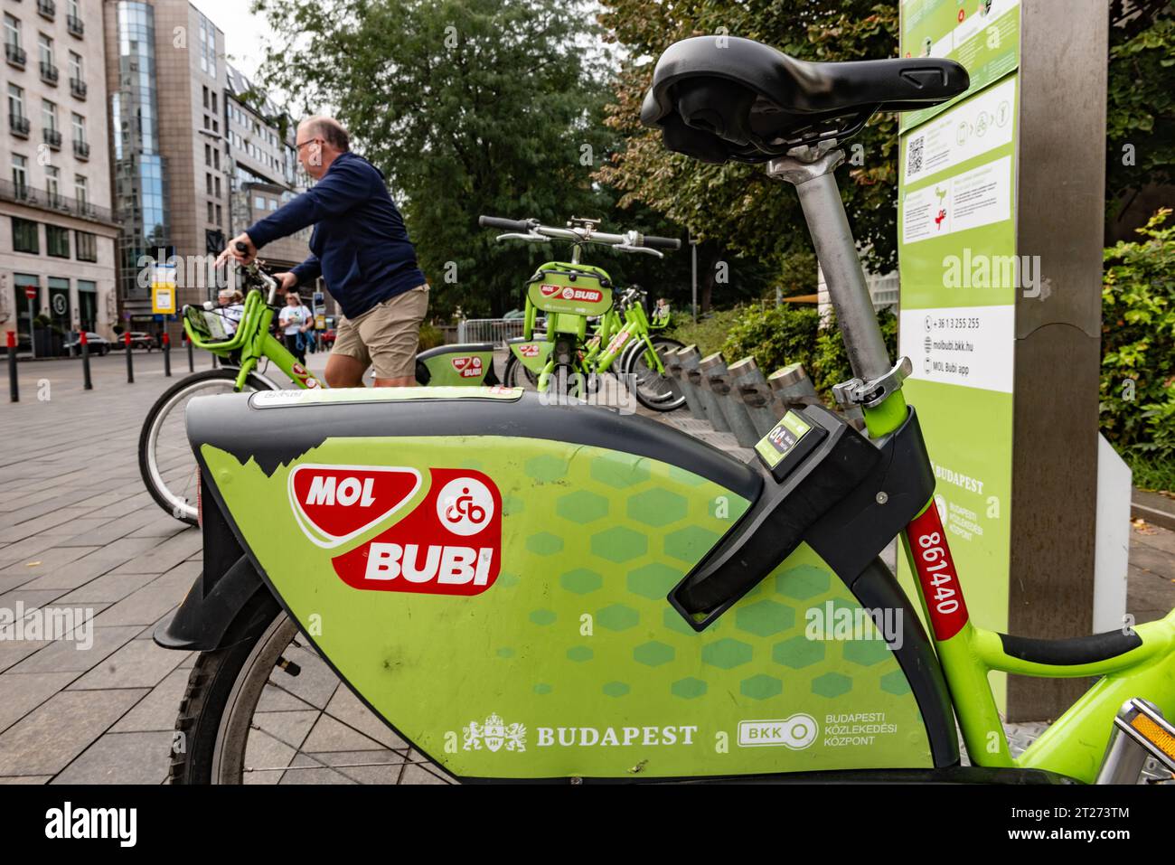 Budapest, Hungary. October 1st 2023 MOL Bubi rental bikes available for hire via an app, an ...