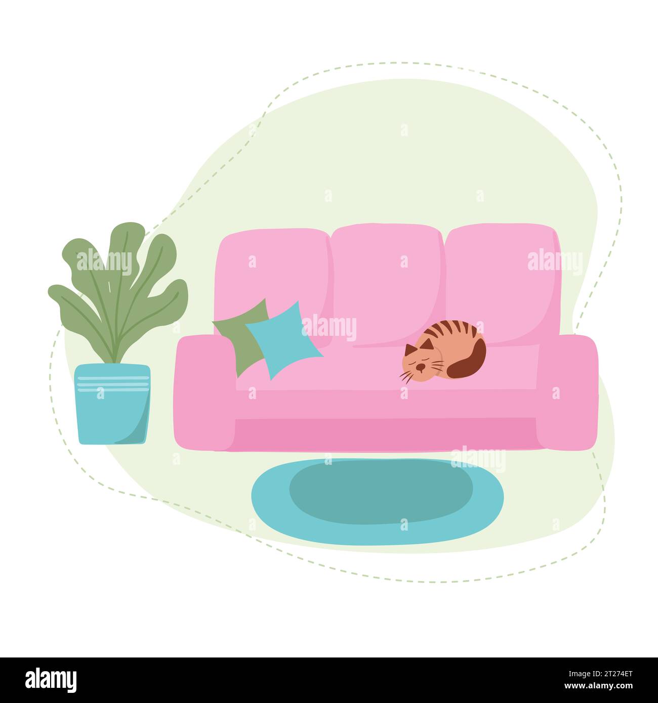 Cozy pink sofa with a cat. Room interior. Flat vector illustration ...