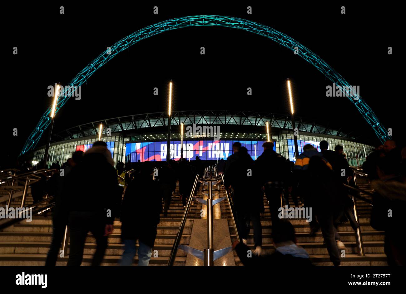 General view of the Wembley arch lit up as fans make their way to the ...