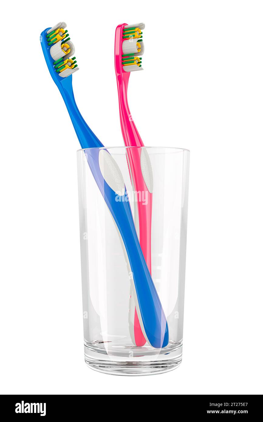Toothbrushes in glass, 3D rendering isolated on white background Stock ...