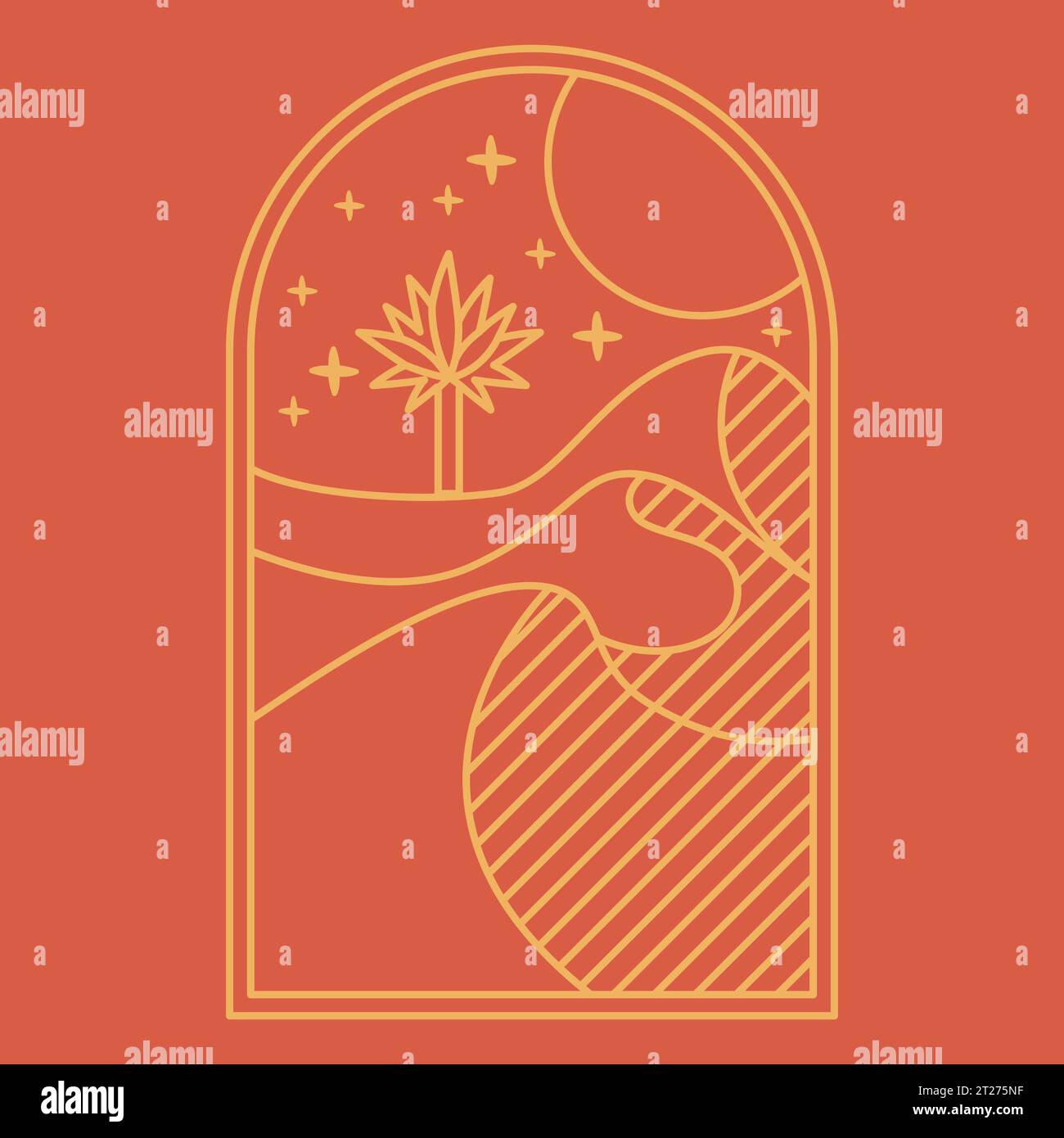Desert oasis orange boho logo. sand, moon, palm, stars landscape ...