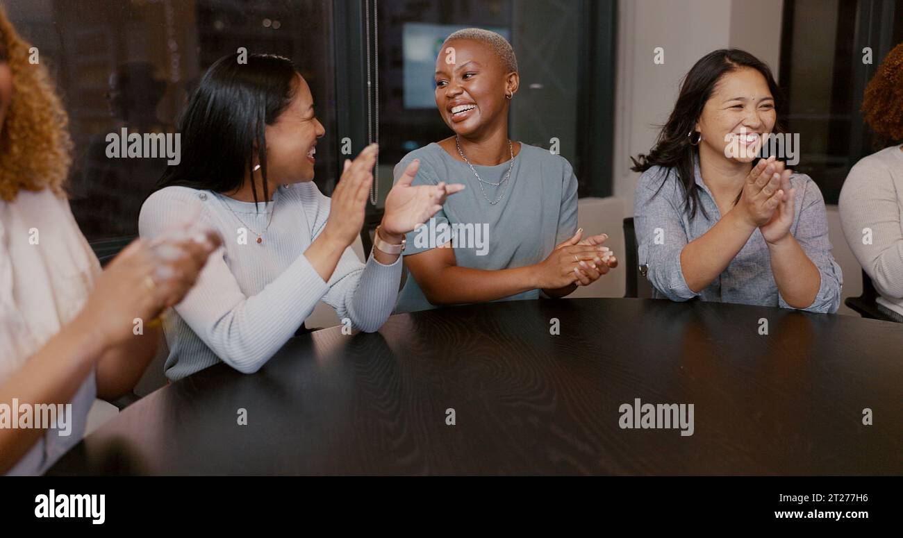 Clapping, applause and diversity people in meeting celebration, success and agreement in ...