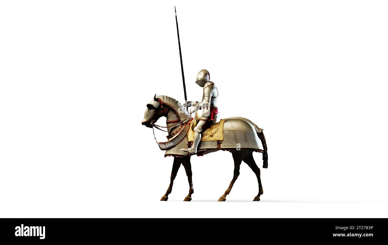 A medieval knight in armour, riding a horse and wearing a spear. 3D ...