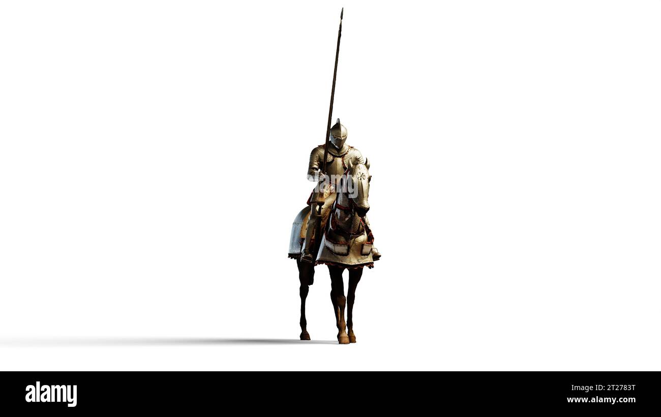 A medieval knight in armour, riding a horse and wearing a spear. 3D ...