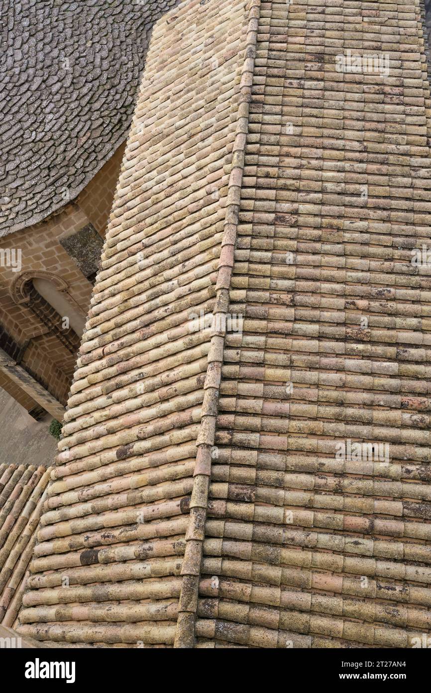 Roof seen from above with traditional medieval tiles, ancient ...