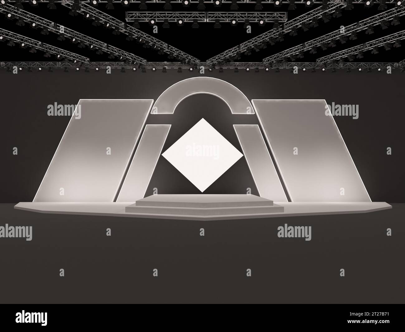Event stage with a large center rectangular projection screen and two ...