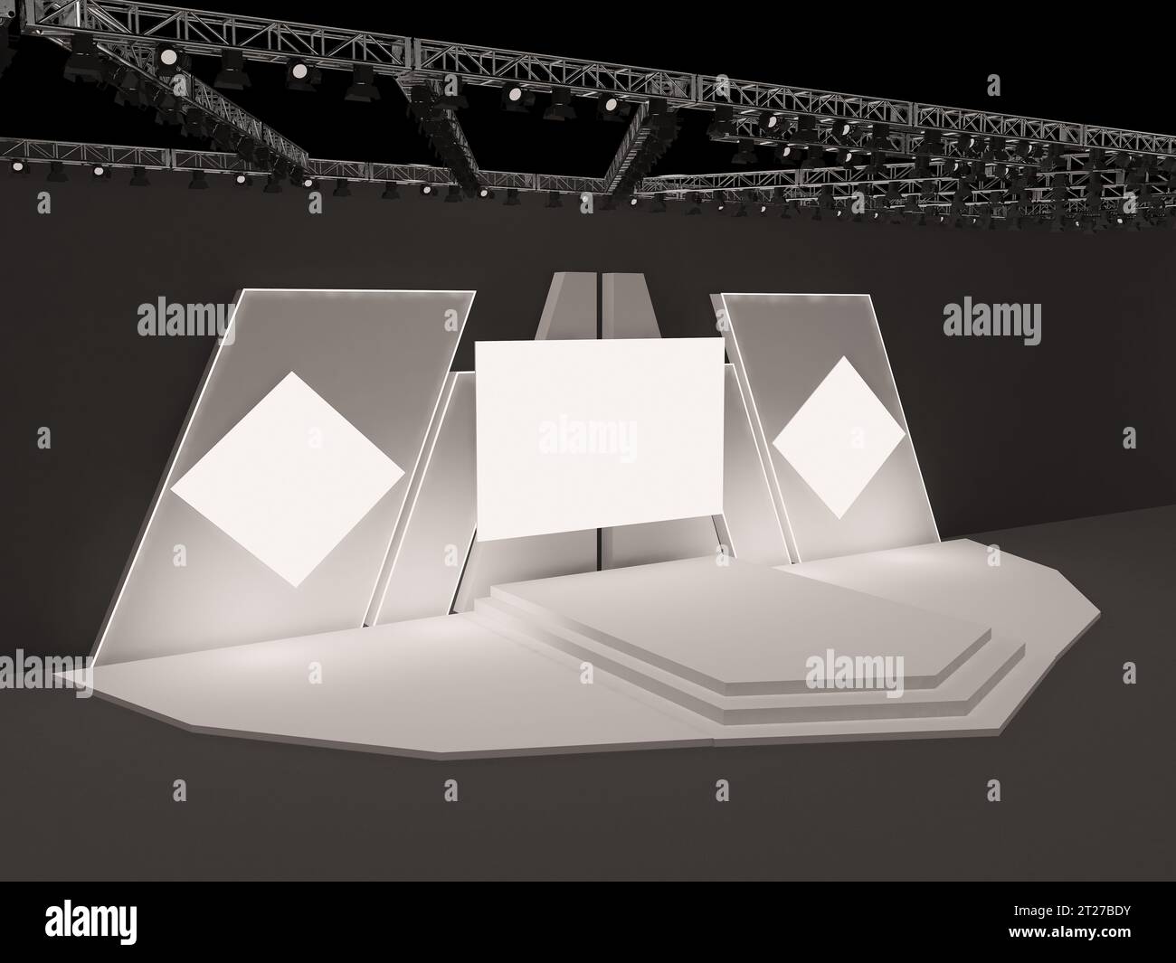 Event stage with a large center rectangular projection screen and two ...