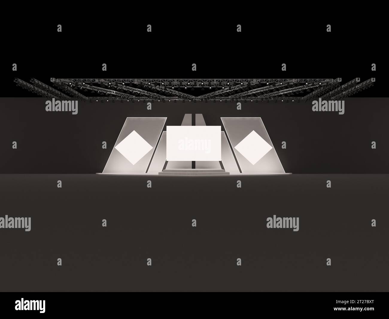 Event stage with a large center rectangular projection screen and two ...