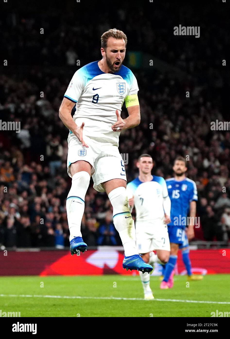 England's Harry Kane celebrates scoring their side's first goal of the ...