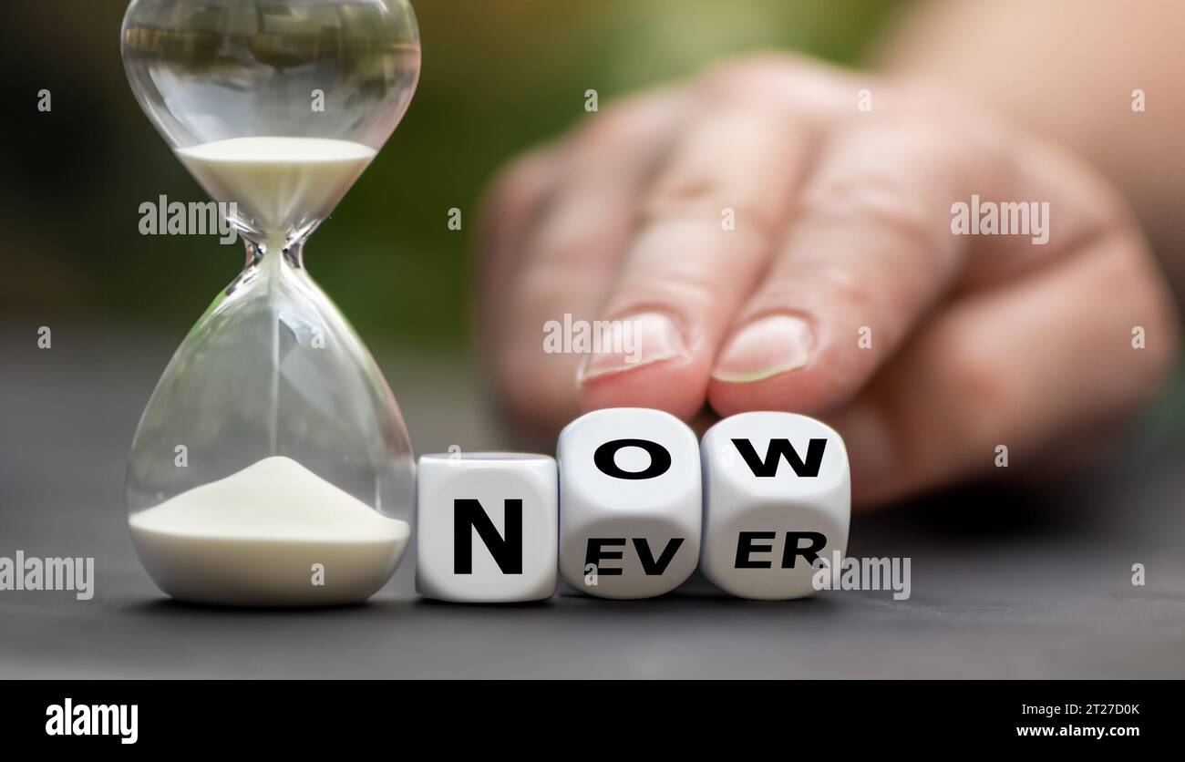 Symbol for getting started. Hand turns dice and changes the word never ...