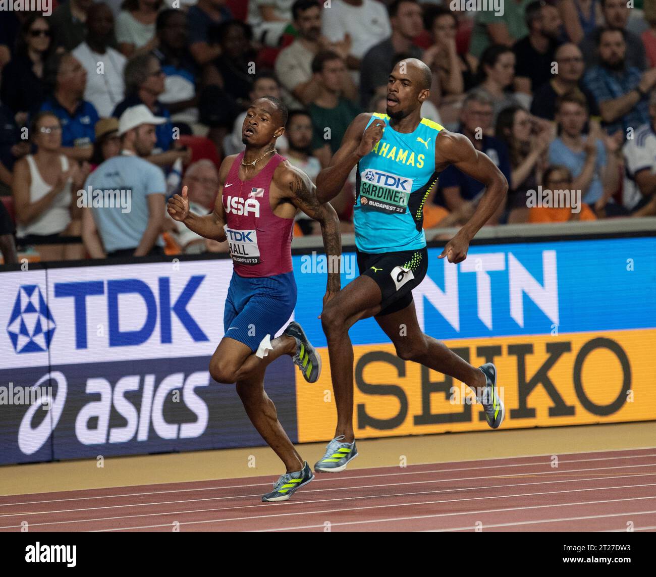 Quincy Hall of the USA and Steven Gardiner of the Bahamas competing in ...