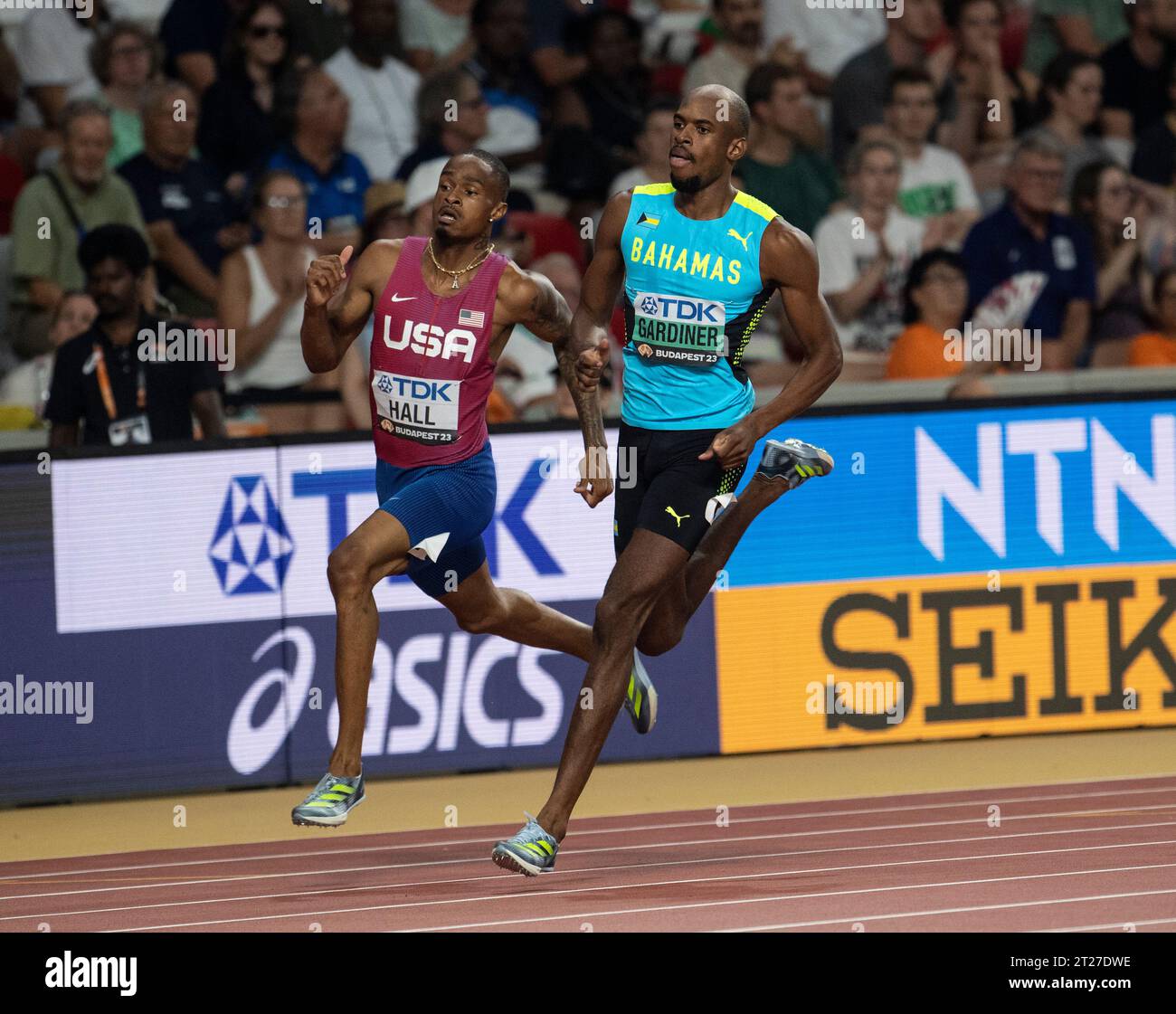 Quincy Hall of the USA and Steven Gardiner of the Bahamas competing in ...