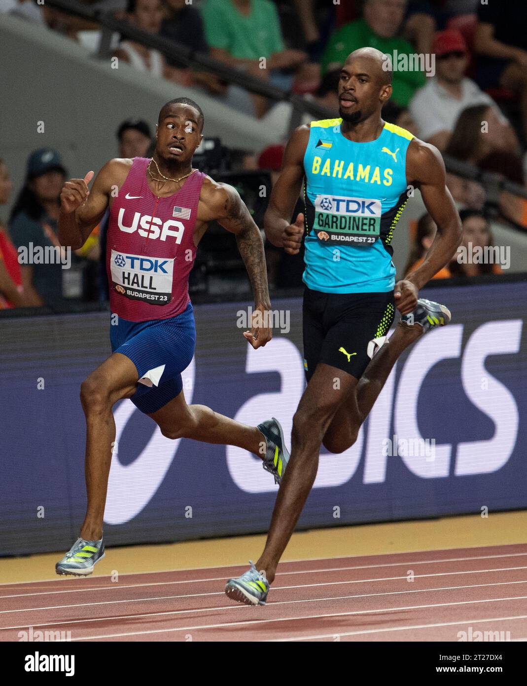 Quincy Hall of the USA and Steven Gardiner of the Bahamas competing in ...
