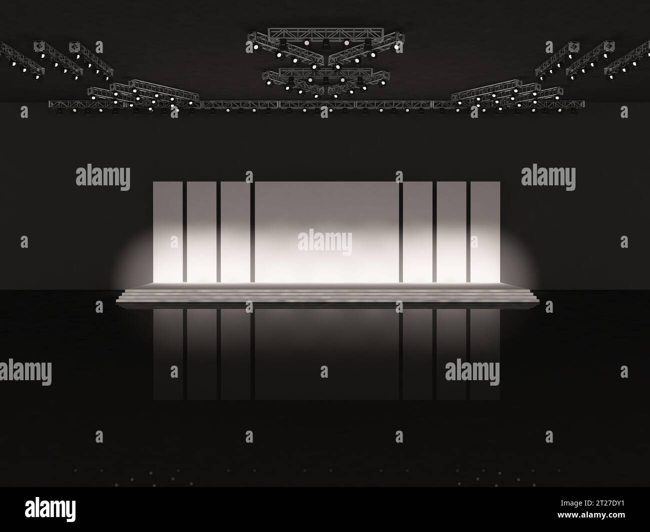 Event empty stage with stairs in front view, a screen for projection ...