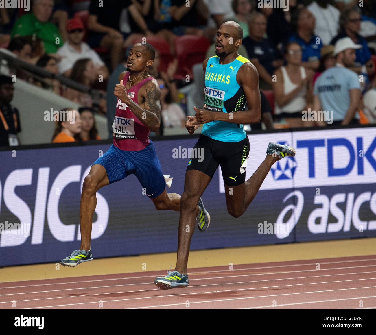 Quincy Hall of the USA and Steven Gardiner of the Bahamas competing in ...