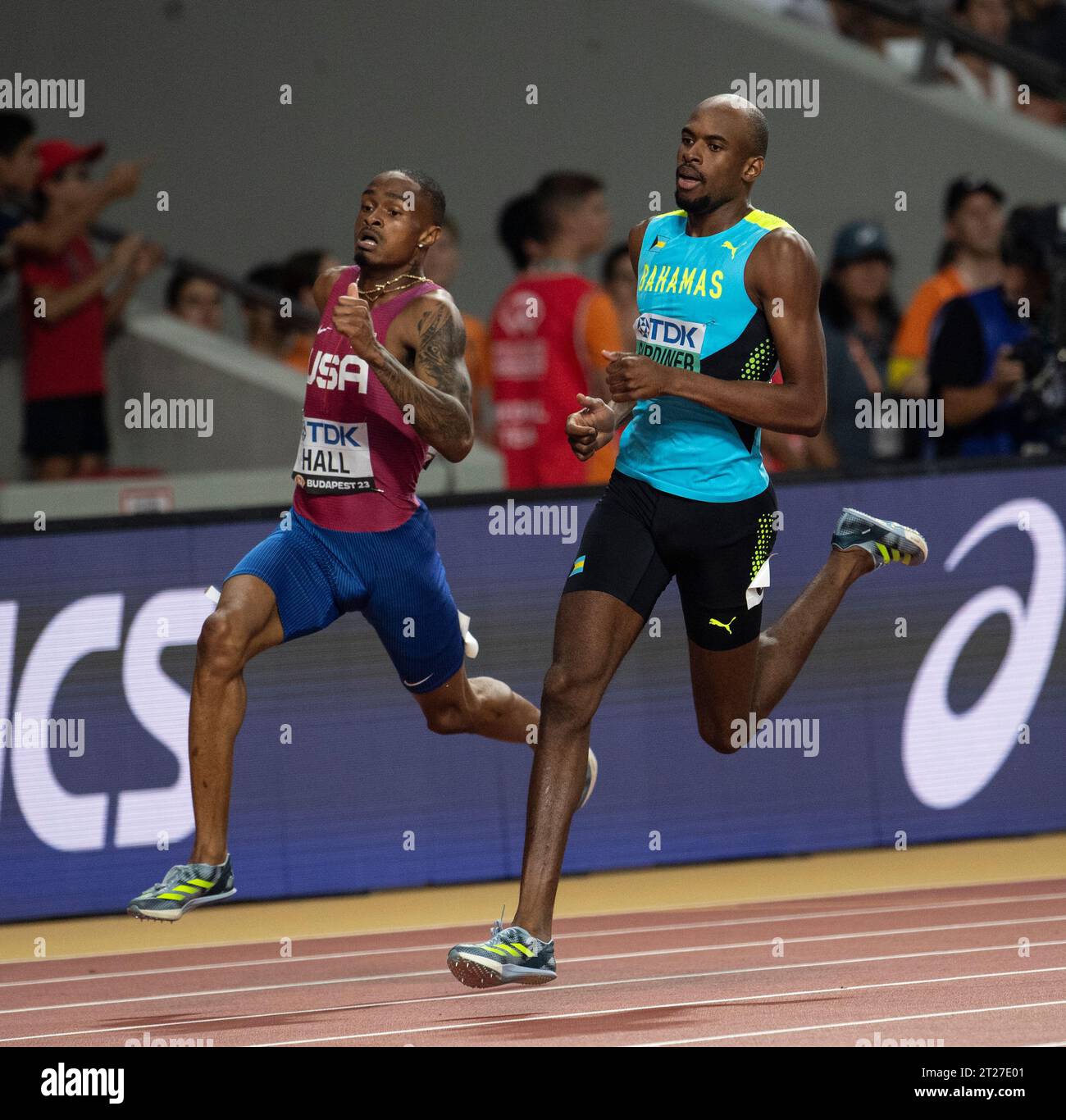 Quincy Hall of the USA and Steven Gardiner of the Bahamas competing in ...
